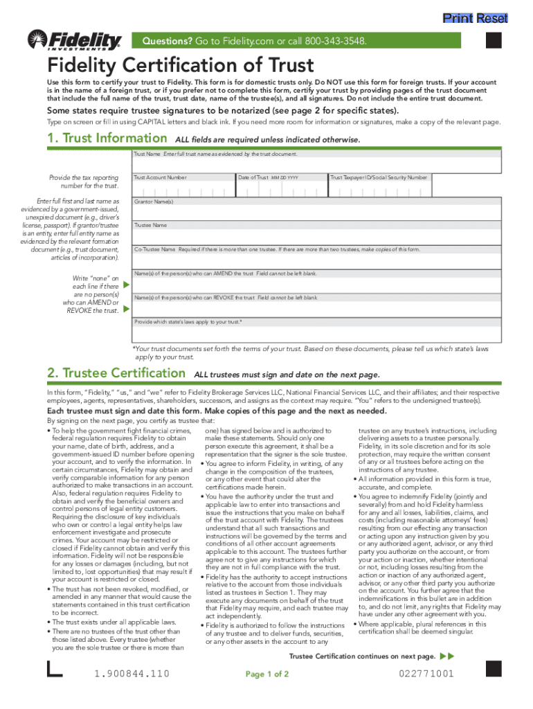 Fillable Online Fidelity certification of trust form: Fill out & sign ...
