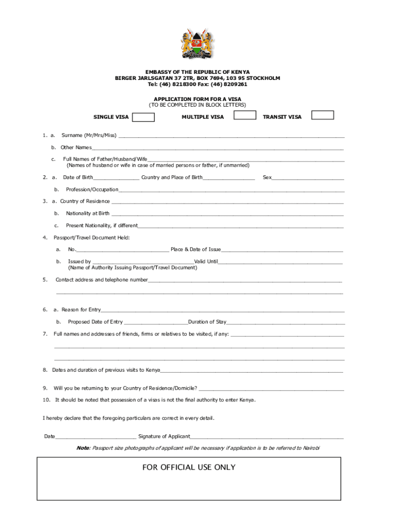 Fillable Online Vejledning til udfyldning af visumansgning til Kenya ...