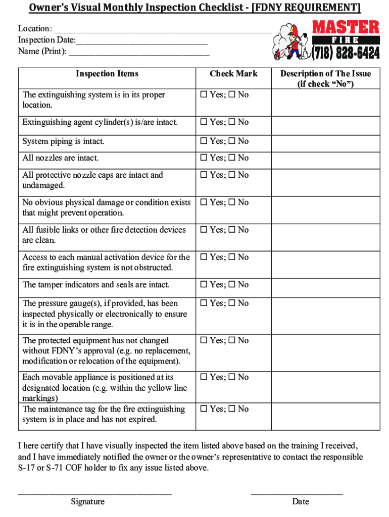 Fillable Online Owner's Visual Monthly Inspection Checklist - FDNY ...