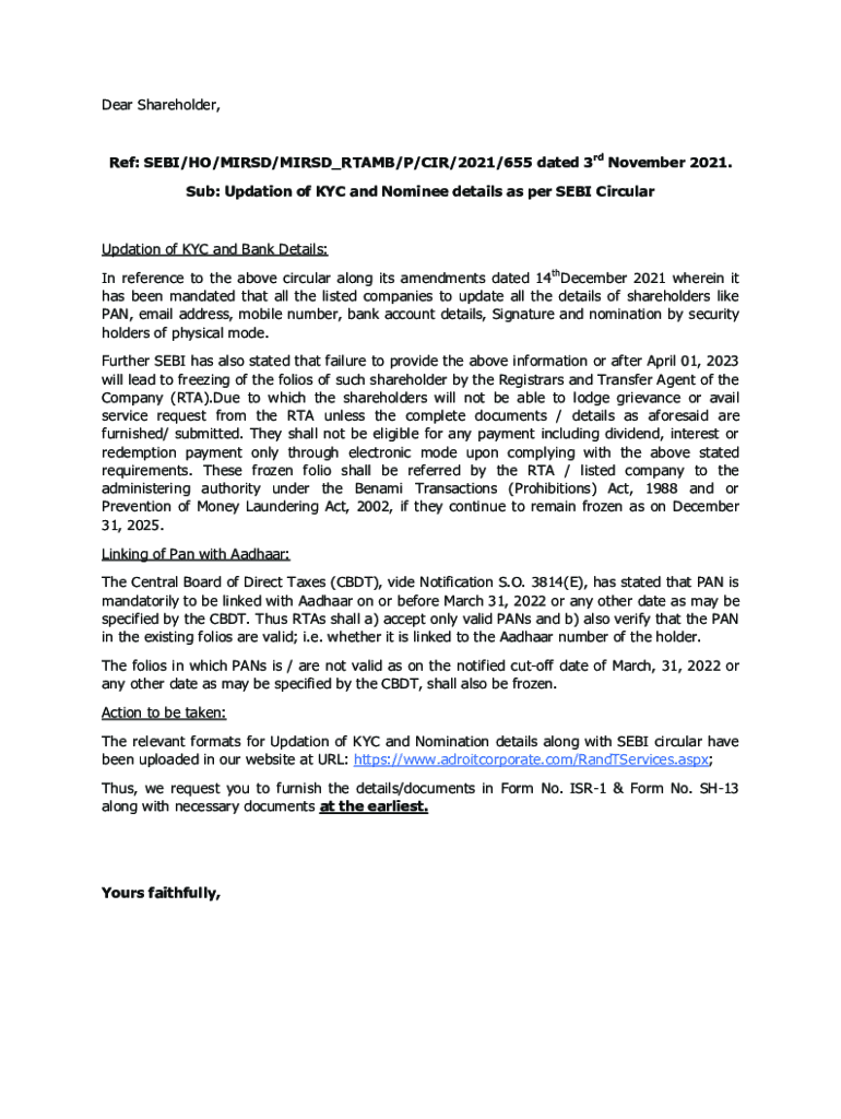 Fillable Online Sub: Updation of KYC and Nominee details as per SEBI ...