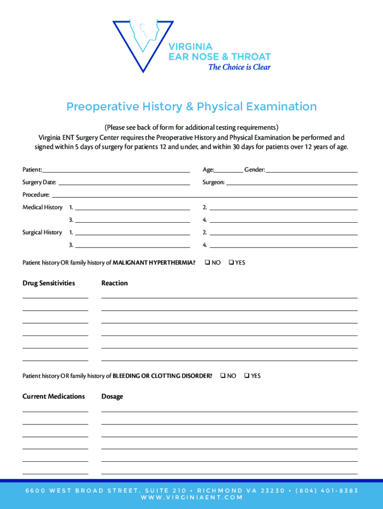 Fillable Online VA Ear Nose And Throat Surgery Center Preoperative ...