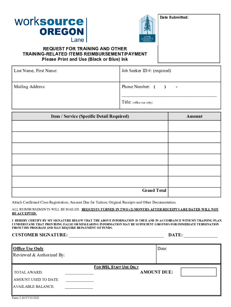 Fillable Online Request for Training/Training-related Items ...