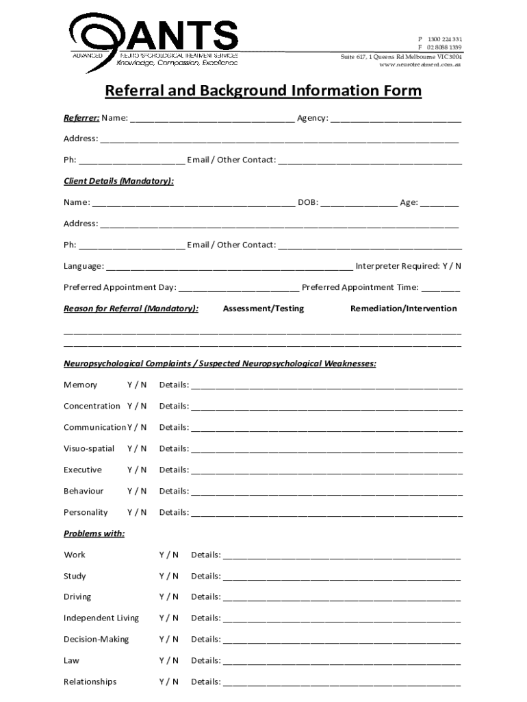 Fillable Online ANTS Neuropsychological Assessment Referral Form for ...