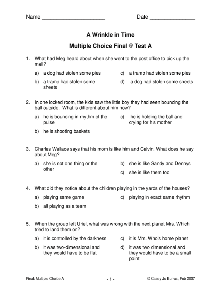 Fillable Online A Wrinkle in Time Multiple Choice Final Test A Fax ...