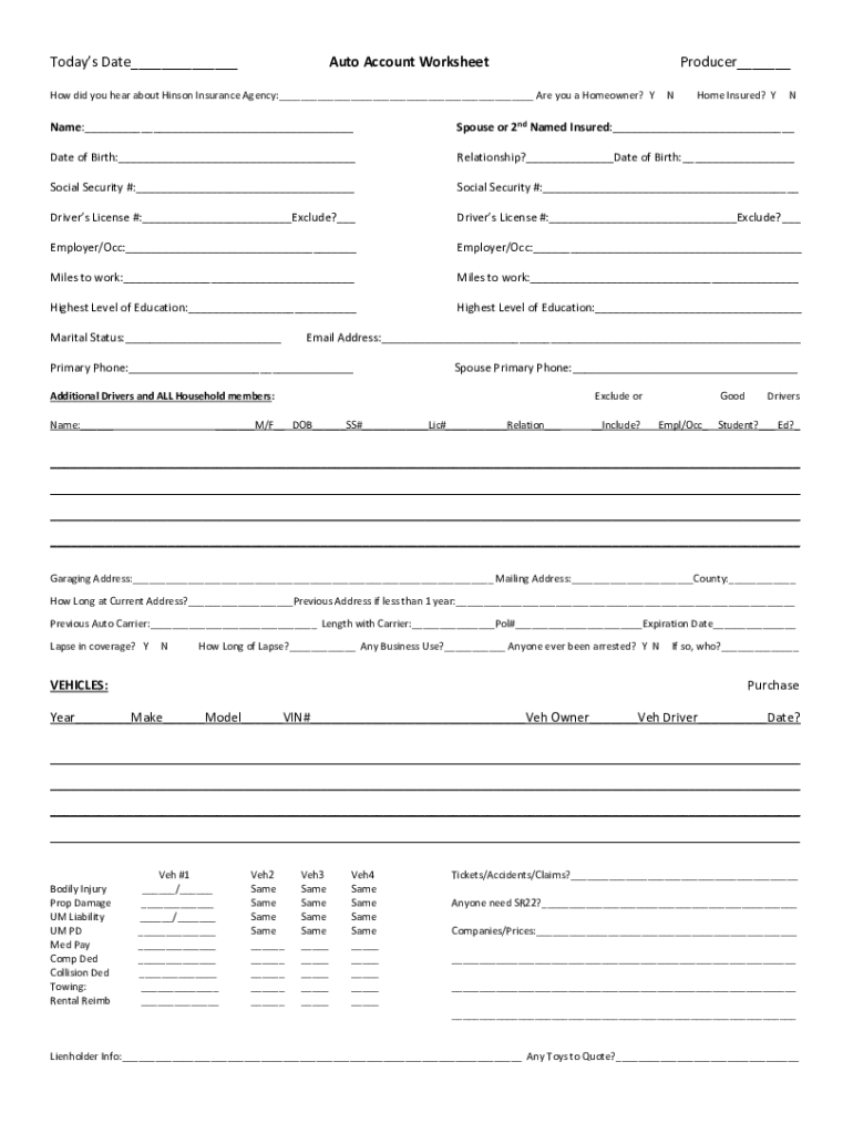 Fillable Online Today's Date Auto Account Worksheet ... Fax Email Print - pdfFiller