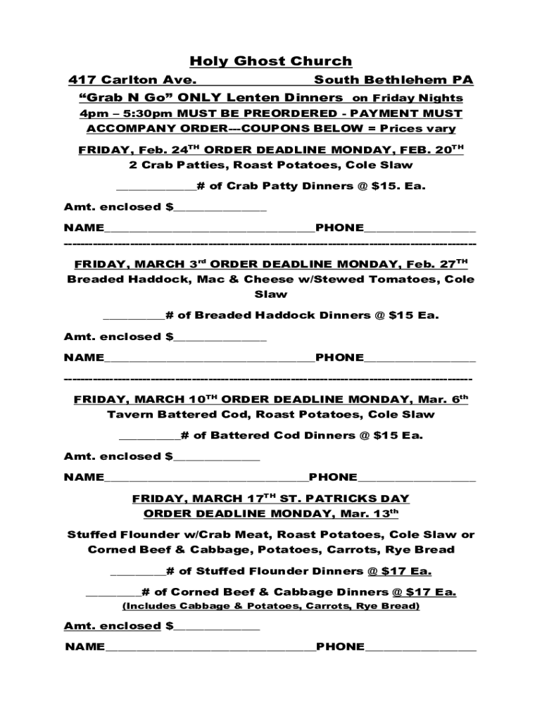 Fillable Online Holy Ghost Catholic Church - Don't forget! Our Lenten ...