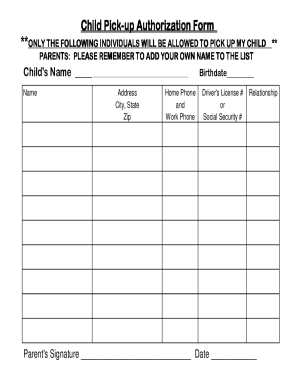 Fillable Online Child Pick Up Authorization Form - Fill Out and Sign ...