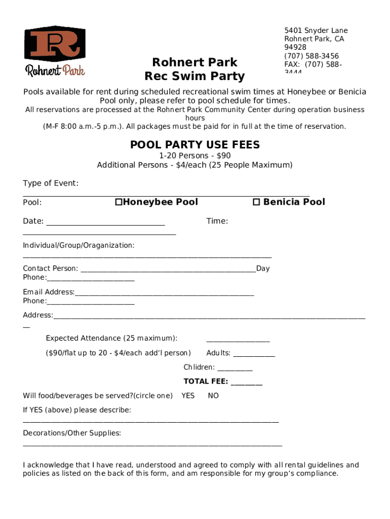 Rohnert Park Rec Swim Party Reservation Doc Template | pdfFiller