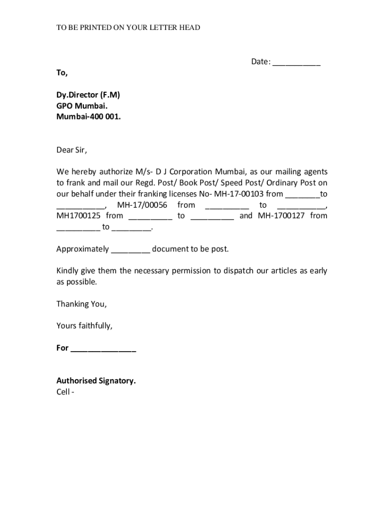 Fillable Online Authority Letter Mumbai GPO Fax Email Print - pdfFiller
