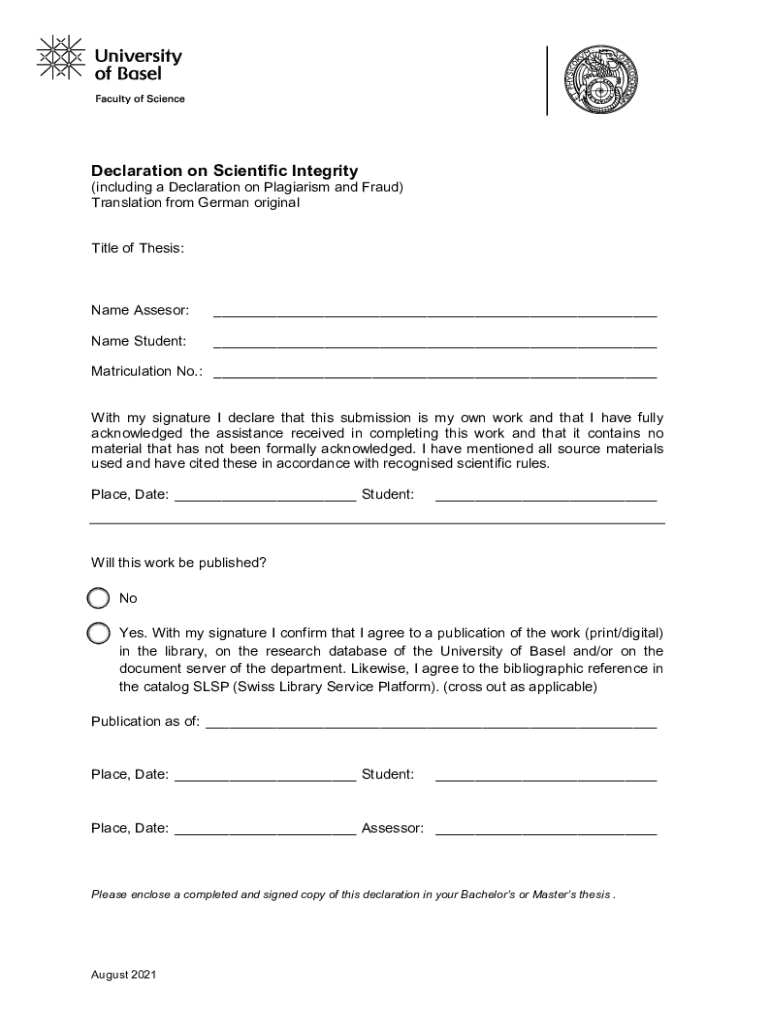 Fillable Online philnat unibas Template "Declaration on academic ...