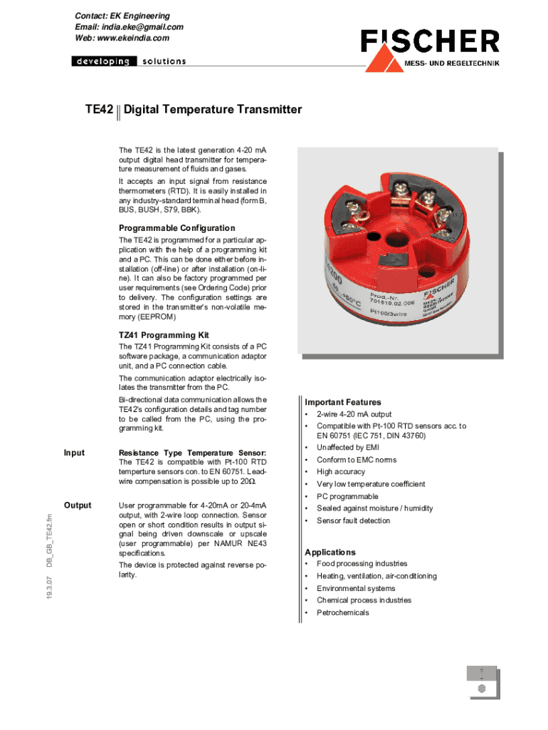 Fillable Online Fischer TE42 - programmable Pt100 RTD temperature ...
