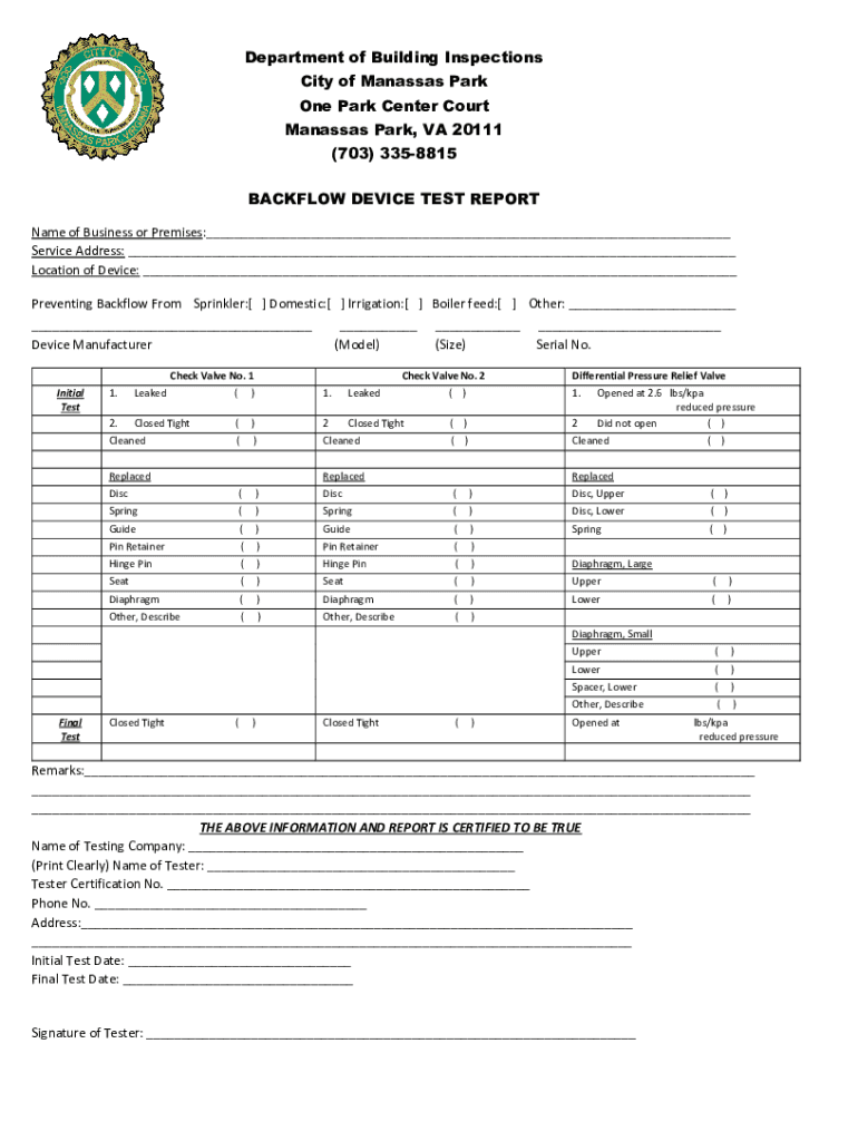 Fillable Online Backflow Prevention Testing and Inspections Fax Email ...
