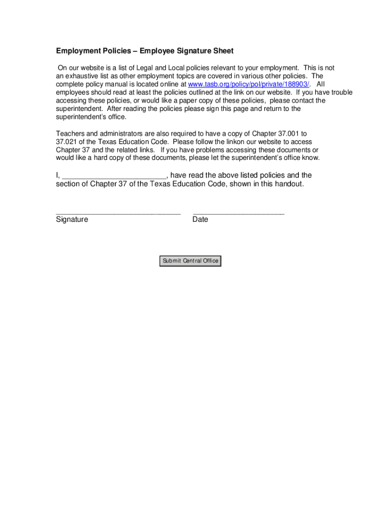 Fillable Online Employment PoliciesEmployee Signature Sheet I Fax Email ...