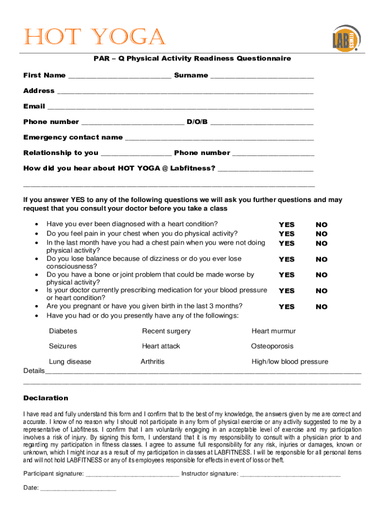 Fillable Online physical activity readiness questionnaire (par-q) all ...
