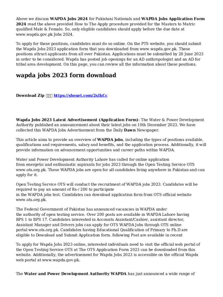 Fillable Online Latest WAPDA Jobs 2024 Download the Application Form ...