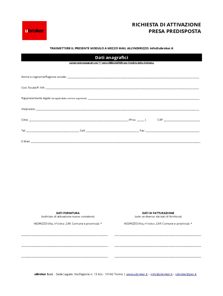Compilabile Online RICHIESTA DI ATTIVAZIONE PRESA PREDISPOSTA Fax Email ...