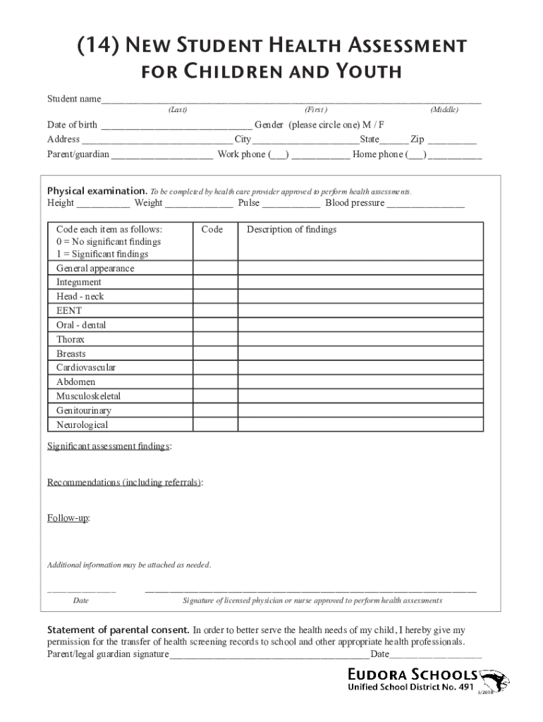 Fillable Online (14) New Student Health Assessment for Children and ...