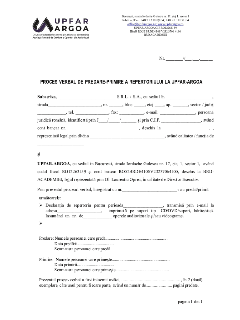 Fillable Online Proces verbal de predare primire a repertoriului ...