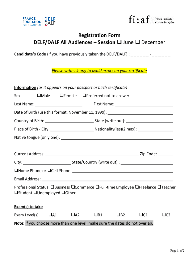 Fillable Online APPLICATION FORM DELF-DALF Tout Public A1 Fax Email Print - pdfFiller