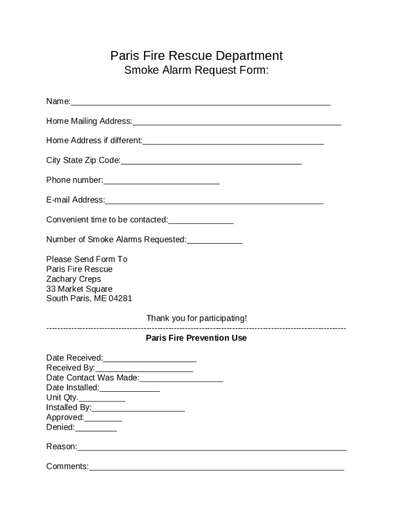 CenterSmoke Alarm Request Doc Template | pdfFiller