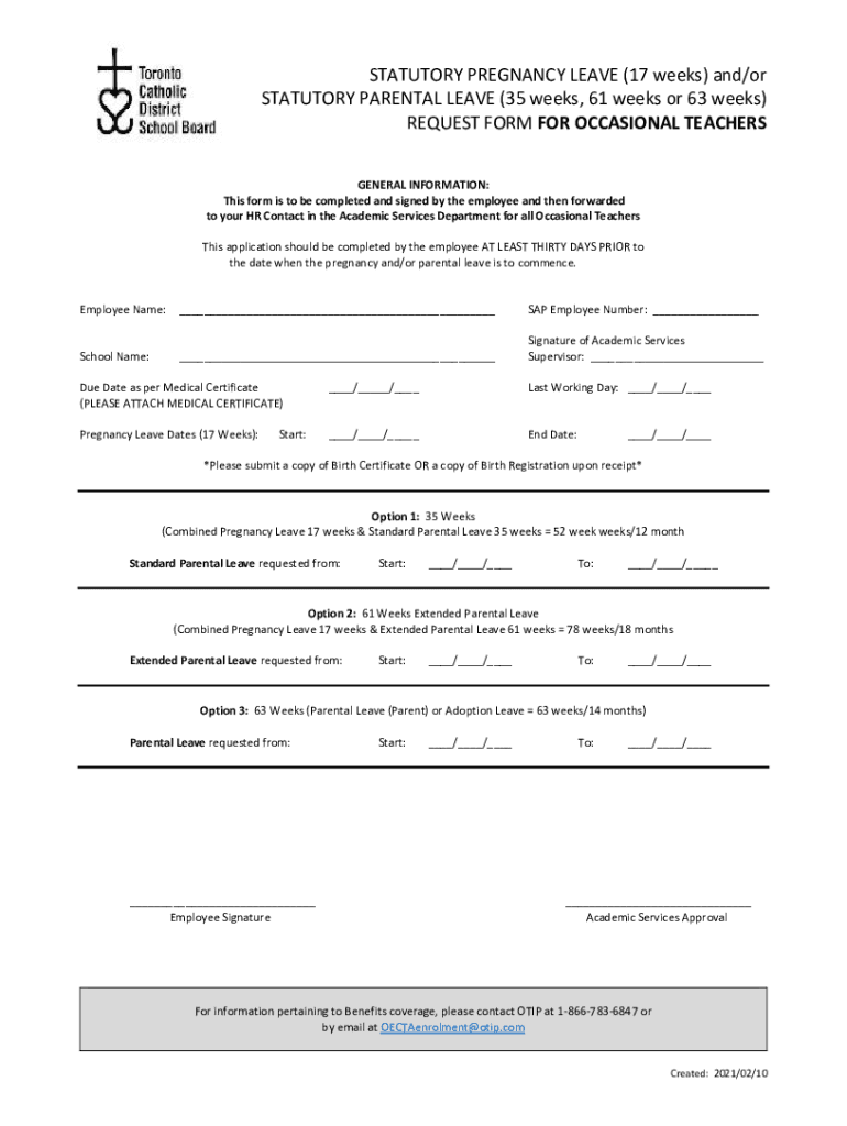 Fillable Online statutory pregnancy/parental/adoption leave request ...