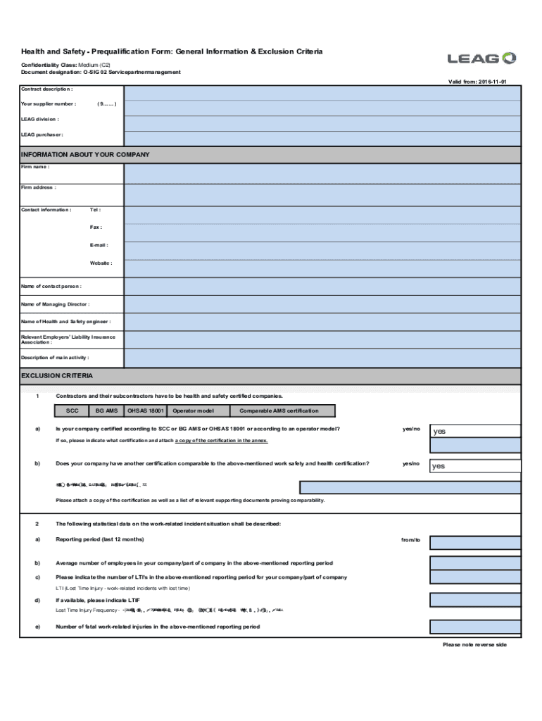 Fillable Online Health and Safety - Prequalification Form Fax Email ...