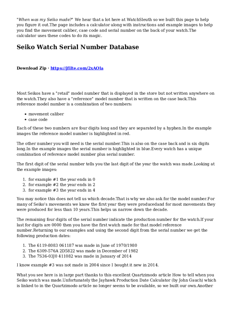 Fillable Online VERIFIED Seiko Watch Serial Number Database Fax Email ...