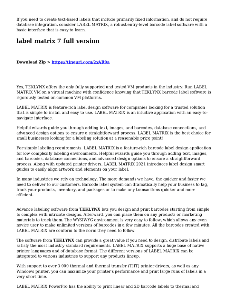 Fillable Online Label Matrix 7 Full Version Fax Email Print - pdfFiller