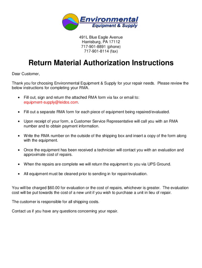 Fillable Online Return Material Authorization for Environmental ...