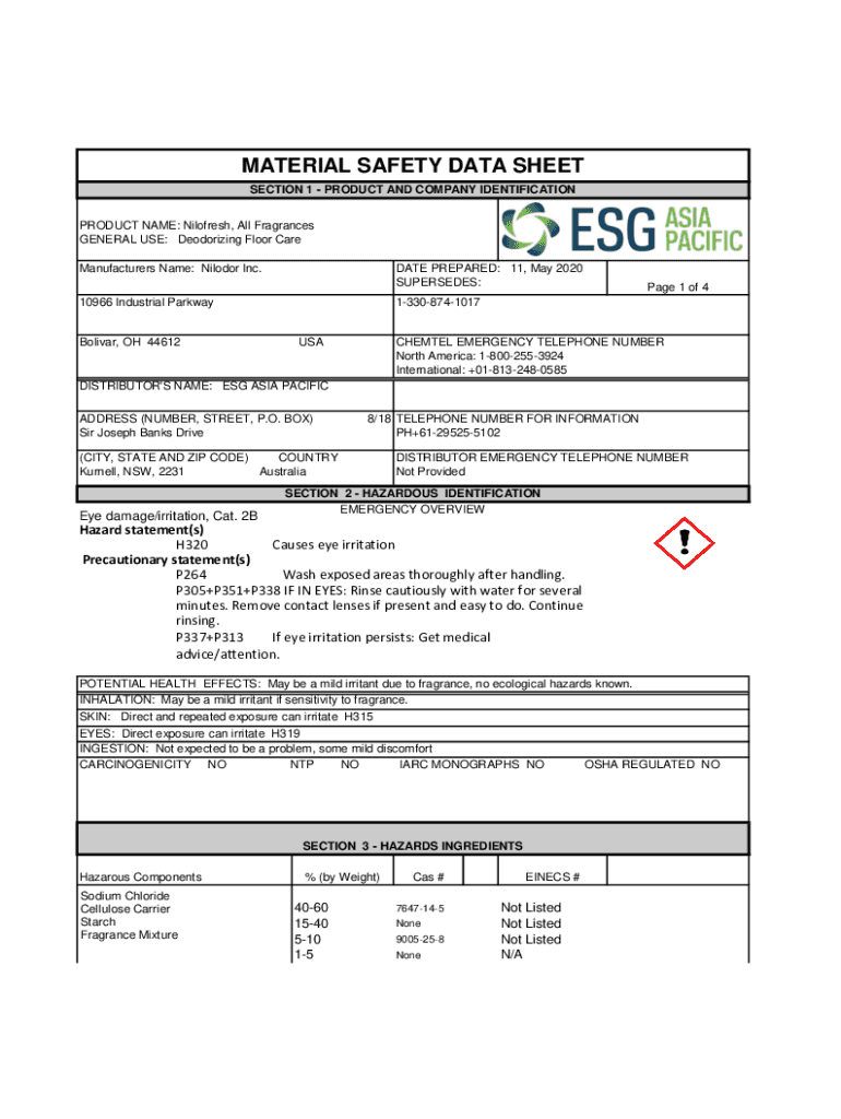 Fillable Online SDS for Product: Nilofresh, All Fragrances, Rev. Date ...