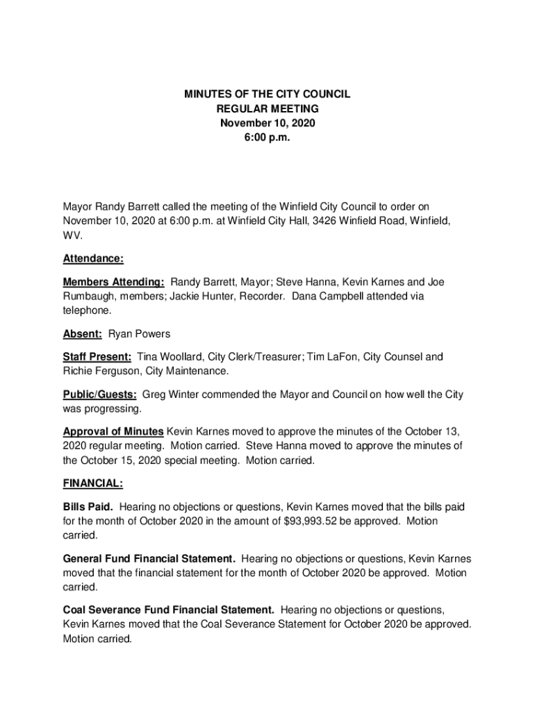 Fillable Online Members Attending: Randy Barrett, Mayor; Steve Hanna, Kevin Karnes and Joe Fax ...