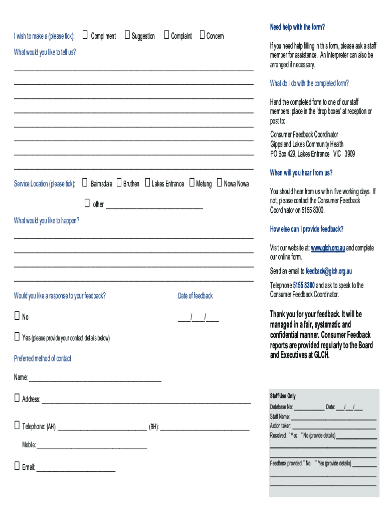 Fillable Online glch org Thank you for your feedback. It will be managed in a fair, ... Fax ...