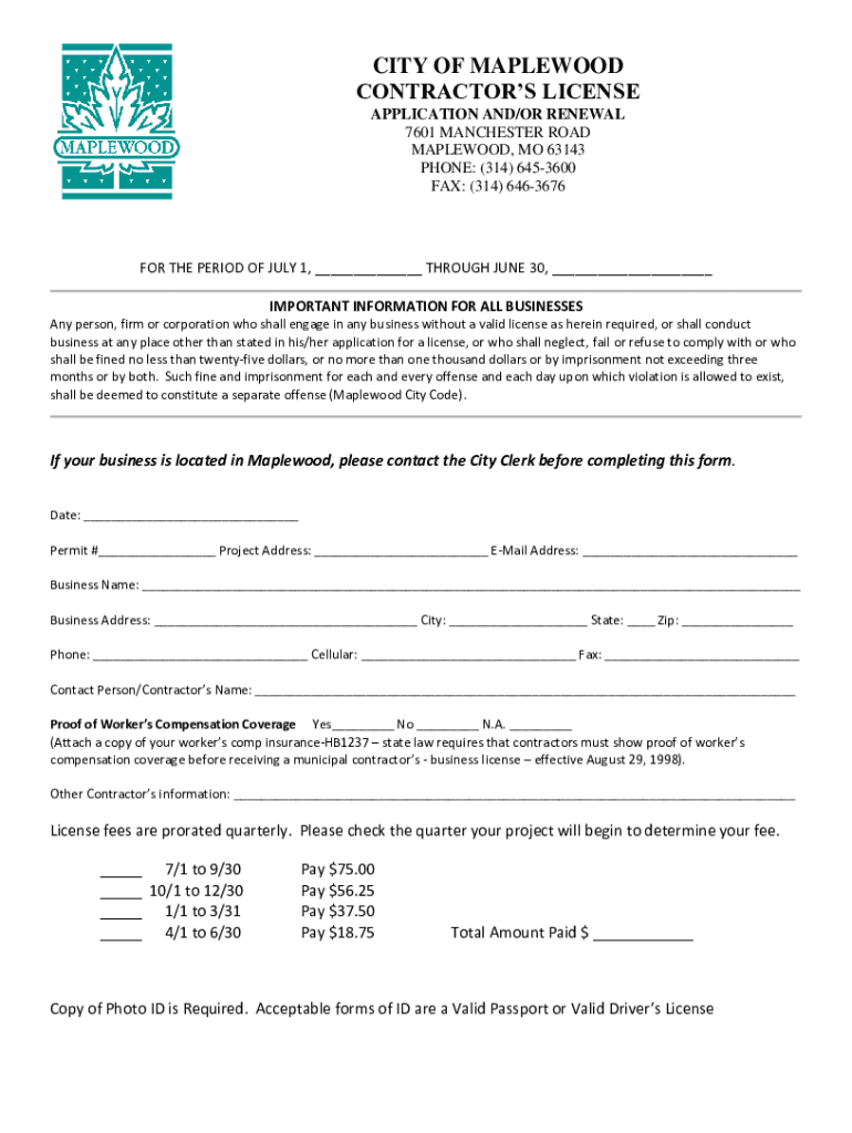 Fillable Online Subcontractor Licensing InformationSt. Charles, MO Fax ...