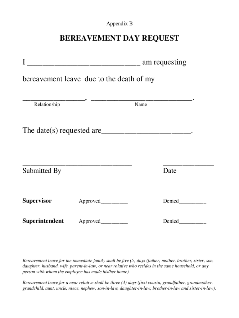 Fillable Online BEREAVEMENT DAY REQUEST Fax Email Print - pdfFiller