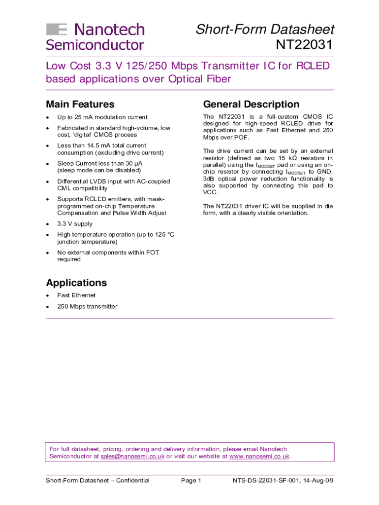 Fillable Online NTS-DS-22031-SF-001. Short Form Datasheet Fax Email Print - pdfFiller