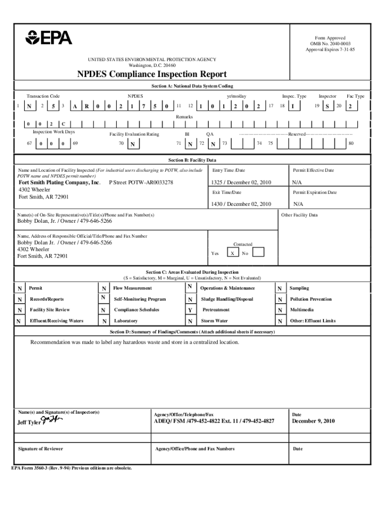 Fillable Online Npdes Compliance Inspection Report - OMB 2040-0003 Fax ...