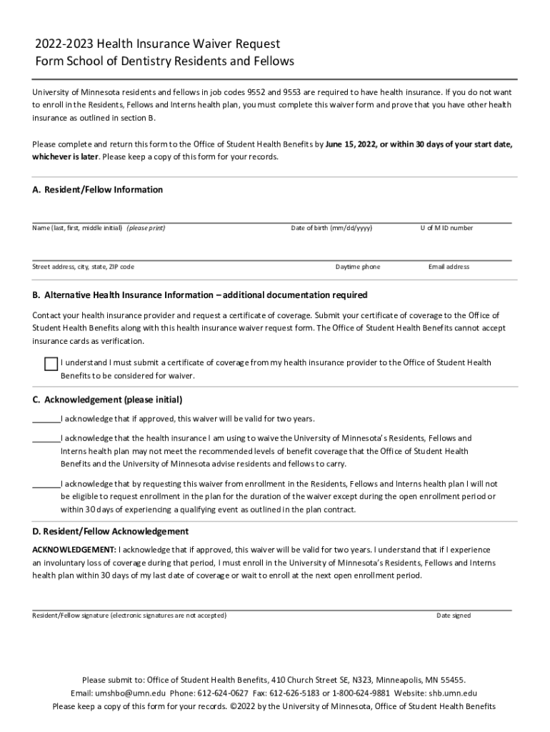 Fillable Online shb umn 2021-2022 SOD RFI health insurance waiver form Fax Email Print - pdfFiller