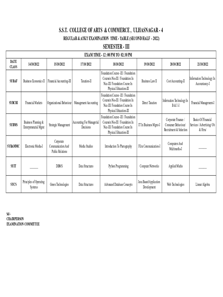 Fillable Online SFC Online ATKT Examination TIME TABLE for SEM I, III ...