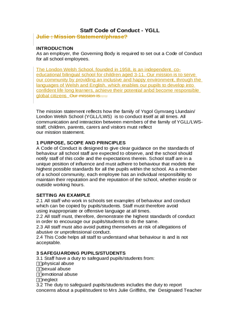 Staff Code of Conduct - YGLL Julie : Mission Statement/phrase? Doc ...