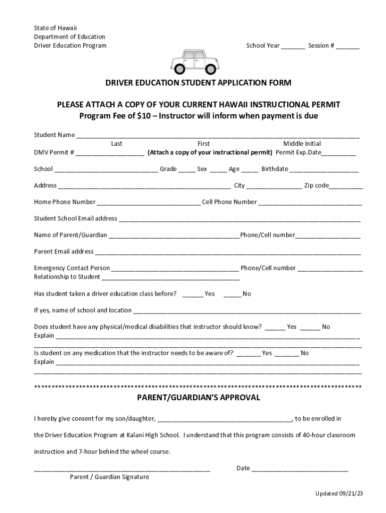 Fillable Online driver education student application form Fax Email ...