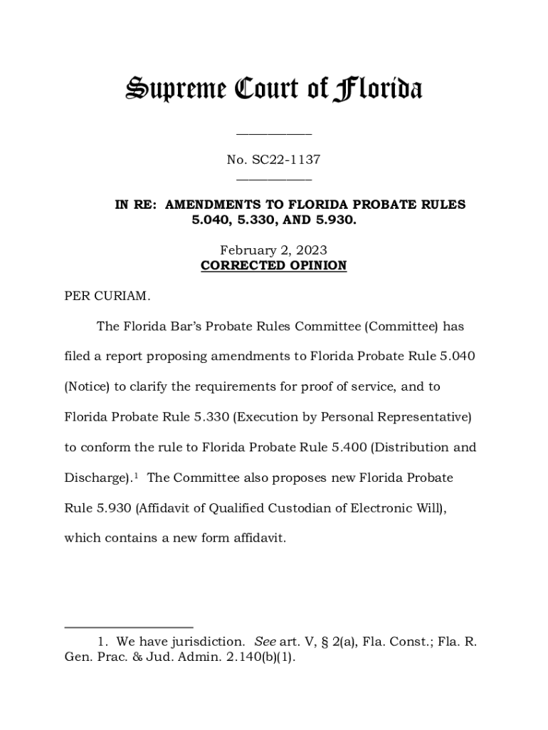 Fillable Online IN RE: AMENDMENTS TO FLORIDA PROBATE RULES ... Fax ...