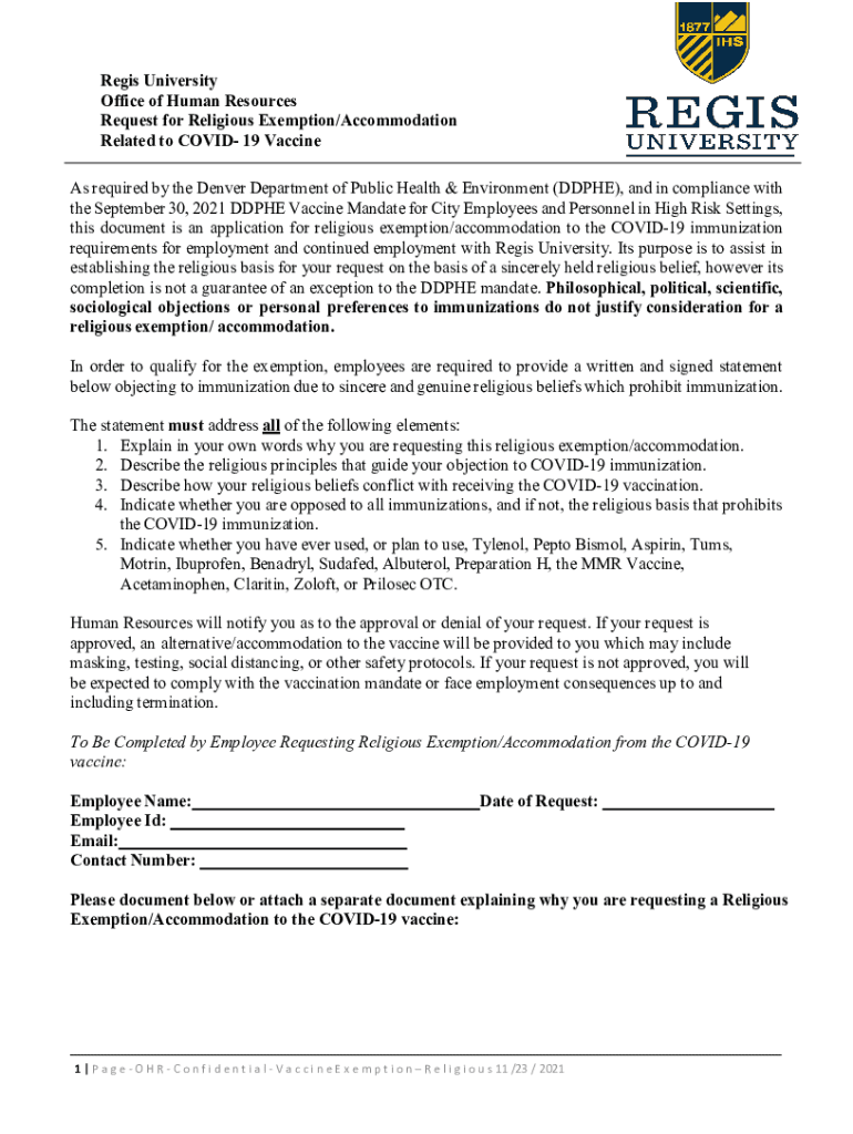 Fillable Online Template for Religious Exemption from COVID-19 Vaccines ...