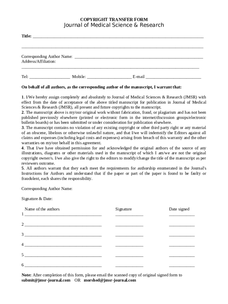 Copyright Transfer - Pamukkale Medical Journal Doc Template | pdfFiller