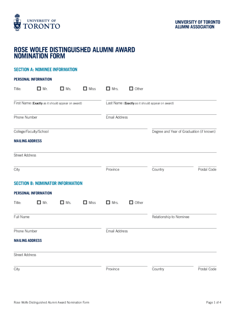 Fillable Online Rose Wolfe Distinguished Alumni Award Nomination Form Fax Email Print - pdfFiller