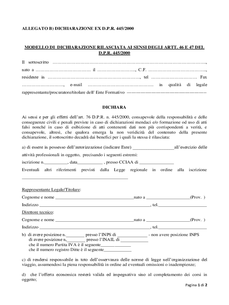 Compilabile Online ALLEGATO B DICHIARAZIONE SOSTITUTIVA DI ... Fax ...