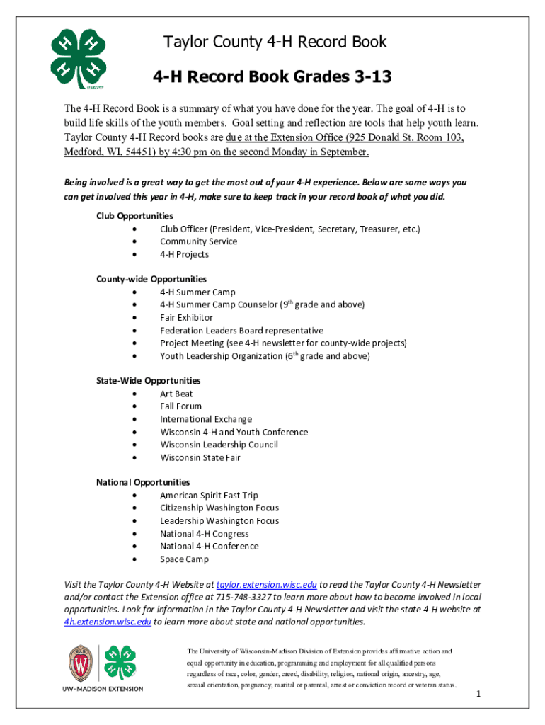 Fillable Online Fillable Online taylor uwex Taylor County 4-H Record ...