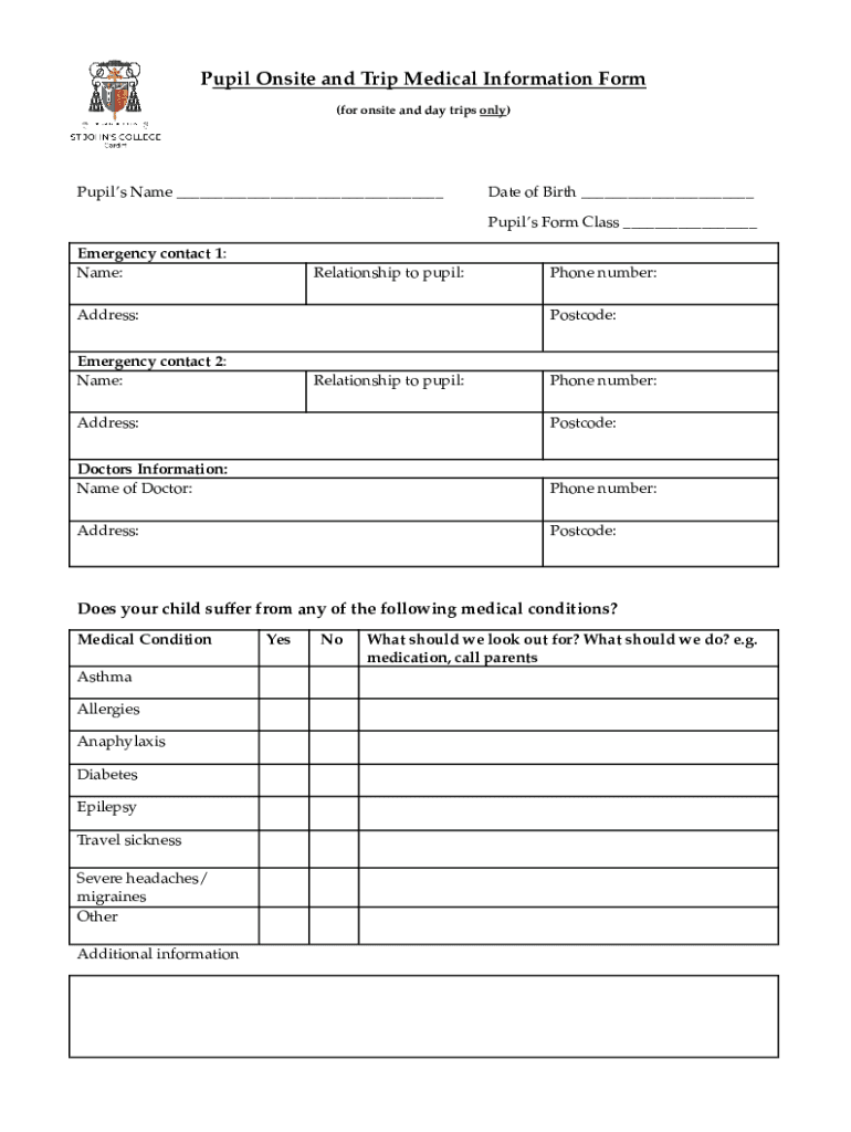 Fillable Online 2021-22 Onsite and Trip Medical Information Form St Johns College Fax Email ...
