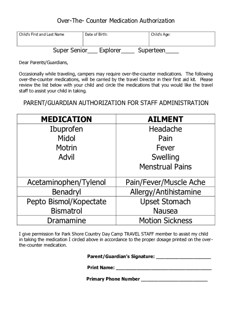 Fillable Online Over-The- Counter Medication Authorization Fax Email Print - pdfFiller
