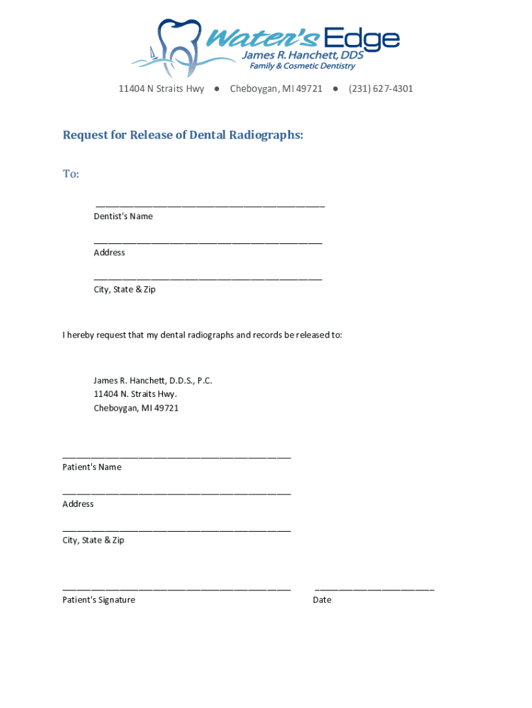 Fillable Online Request for Release of Dental Radiographs: Fax Email ...