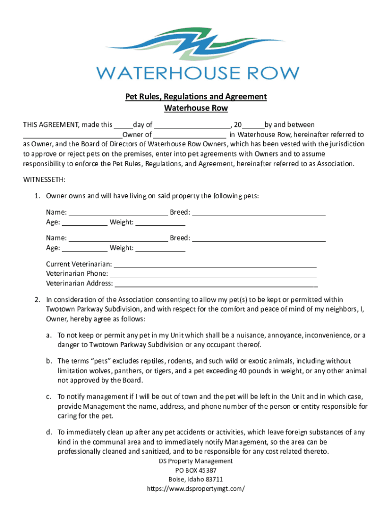 Fillable Online Pet Rules, Regulations and Agreement Waterhouse Row Fax ...